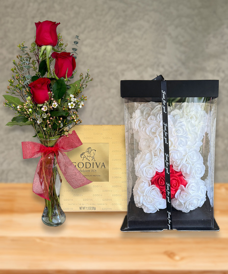 Sweet Romance Gift Set - Rose Bear, Red Roses, and Godiva Chocolates Bundle